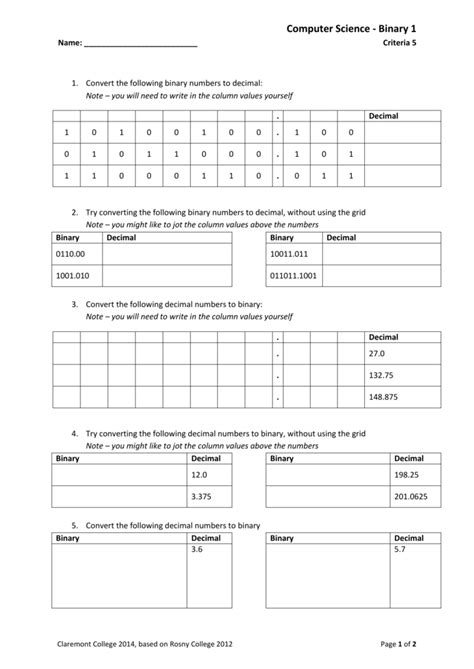 Binary Worksheet 1 Basic Conversions