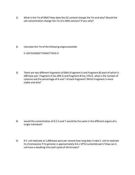 Tutorial Problem Set For Midterm Exam 1 1 What Is The Tm Of Dna