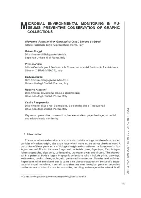 Pdf Microbial Environmental Monitoring In Museums Preventive Conservation Of Graphic Collections