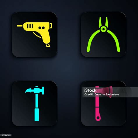 나무 도끼 전기 뜨거운 접착제 총 발톱 망치 및 펜치 도구를 설정합니다 검은색 사각형 버튼입니다 벡터 갈고리 발톱에 대한 스톡