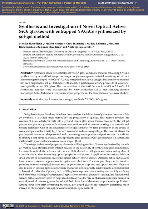 Pdf Synthesis And Investigation Of Novel Optical Active Sio2 Glasses With Entrapped Yag Ce