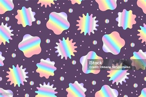 홀로그램 스티커가 있는 원활한 패턴입니다 화려한 무지개 꽃과 어두운 배경에 다른 모양의 점 벡터 일러스트 레이 션입니다 귀여운에 대한 스톡 벡터 아트 및 기타 이미지