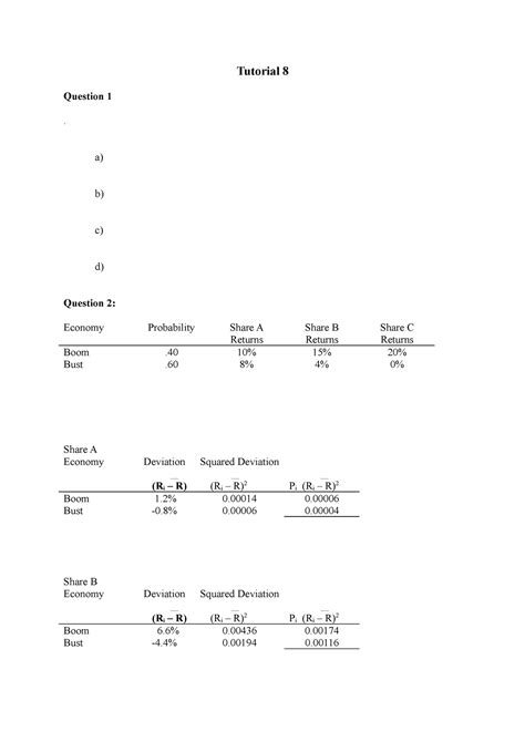 Risk And Return Part 1 Exercises Solutions Tutorial 8 Question 1
