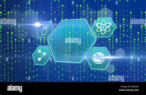 animation of icon in hexagons over lens flares against falling binary