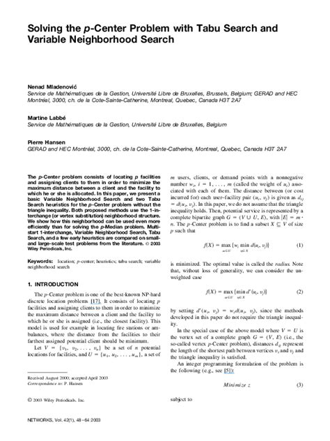 Pdf Solving Thep Center Problem With Tabu Search And Variable Neighborhood Search