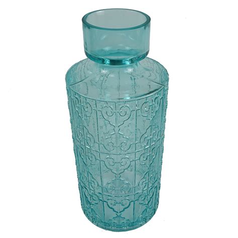 40cm Tall Turquoise Glass Vase Leaf Design Wholesale