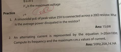 T Is In S V 0 Is The Maximum Voltage Practice A Sinusoidal Pd Of