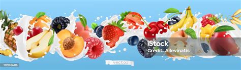 우유 스플래시 과일과 열매요구르트 딸기 라즈베리 바나나 복숭아 살구 블랙 베리 블루 베리 파인애플 망고 귀리 3d 벡터 현실적인 세트 과일에 대한 스톡 벡터 아트 및 기타