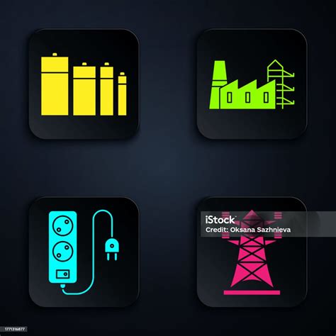 고전압 전봇대 선 건전지 전기 연장 코드 및 발전소 식물 및 공장을 놓으십시오 검은색 사각형 버튼입니다 벡터 가득 찬에 대한 스톡 벡터 아트 및 기타 이미지 Istock