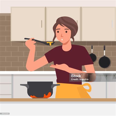 Beautiful Woman Cooking In Her Kitchen Cute Lady Cartoon Character