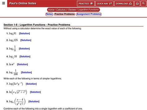 Pauls Online Notes Logarithmic Functions Practice Problems Activity