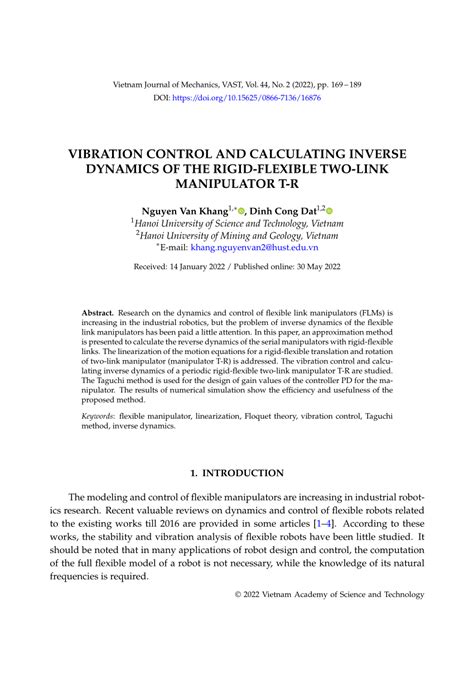 Pdf Vibration Control And Calculating Inverse Dynamics Of The Rigid