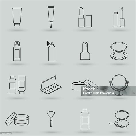 화장품 관련된 벡터 라인 아이콘의 간단한 세트입니다 크림 병 립스틱 메이크업 브러쉬 등으로 같은 아이콘을 포함 되어 있습니다 평면 디자인 메이크업 화장품에 대한 스톡 벡터