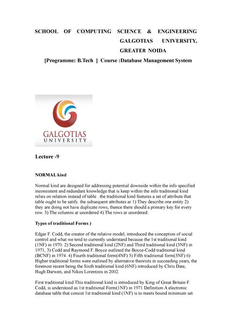 Data Base Management System Lecture 9 Galgotias University School