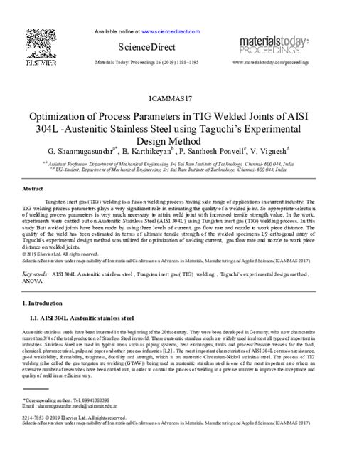 Pdf Optimization Of Process Parameters In Tig Welded Joints Of Aisi