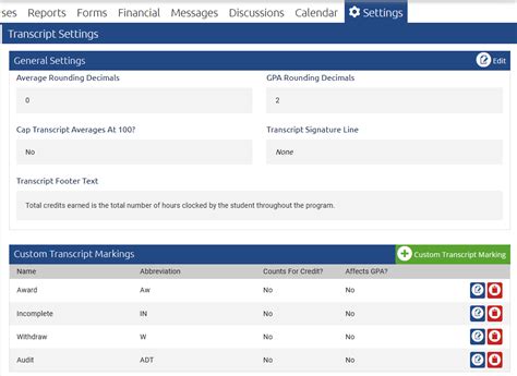 Editing Transcript Settings