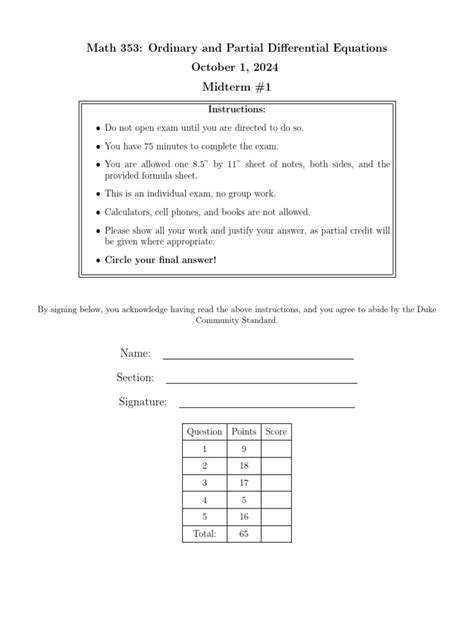 math 353 midterm 1 fall 2024 pdf ordinary differential equation