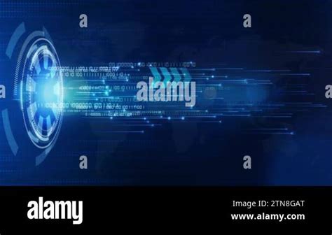 Technological Hi Tech Blue Background With Round Hud Element Moving Bright Rays Of Light With
