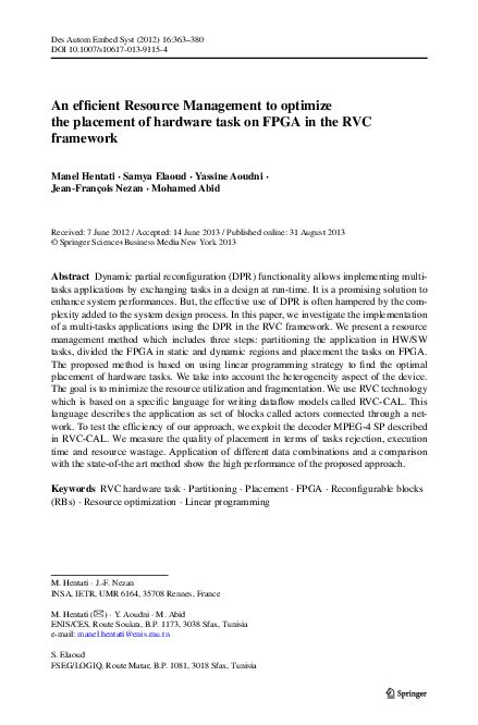 Pdf An Efficient Resource Management To Optimize The Placement Of Hardware Task On Fpga In The