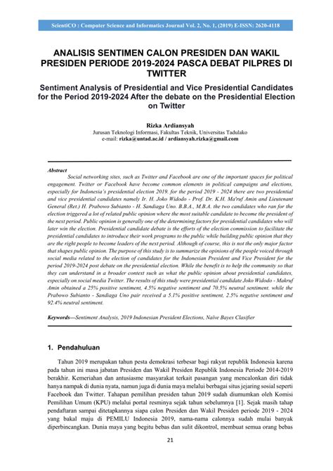 Pdf Analisis Sentimen Calon Presiden Dan Wakil Presiden Periode 2019 2024 Pasca Debat Pilpres