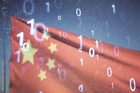 Abstract Virtual Binary Code Sketch On Flag Of China And Blue Sky Background Hacking And Matrix