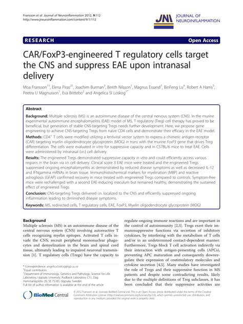 Pdf Car Foxp3 Engineered T Regulatory Cells Target The Cns And