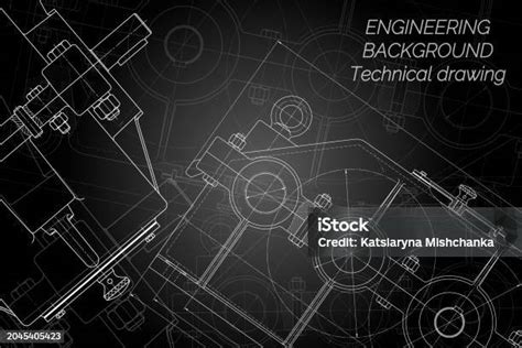 검은 배경에 기계 공학 도면입니다 흡 진 기 테크니컬 디자인 표지 청사진 벡터 일러스트 레이 션입니다 개발에 대한 스톡 벡터 아트 및 기타 이미지 Istock