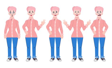 젊은 여성의 다양한 포즈와 감정의 컬렉션 소녀의 캐릭터 만화 스타일의 벡터 일러스트레이션 가리키기에 대한 스톡 벡터 아트 및 기타 이미지 Istock