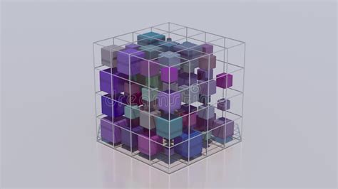 Colorful Cubes Inside Metallic Mesh Cube Abstract Animation 3d Render