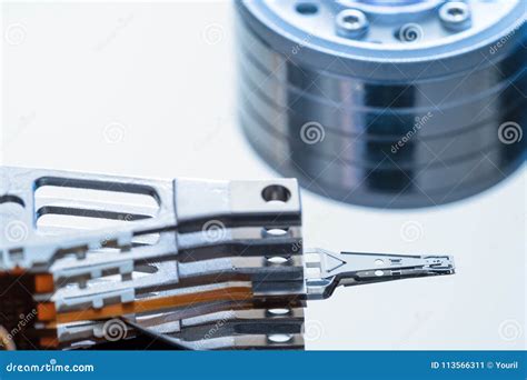 Disassembled Hard Disk Drive Inside Close Up Spindle Actuator Arm Read Write Head Platter