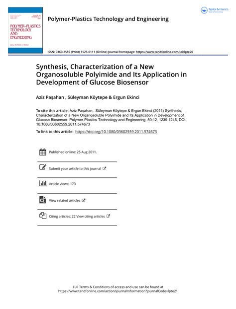 Pdf Synthesis Characterization Of A New Organosoluble Polyimide And Its Application In