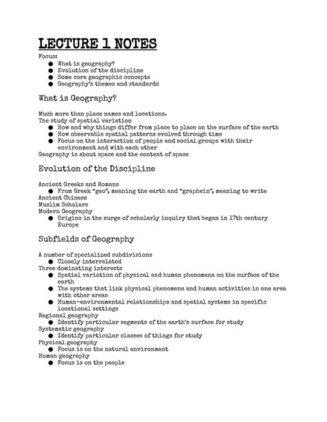 GEOG101 Notes LECTURE 1 NOTES Focus What Is Geography Evolution Of The Discipline Some Studocu