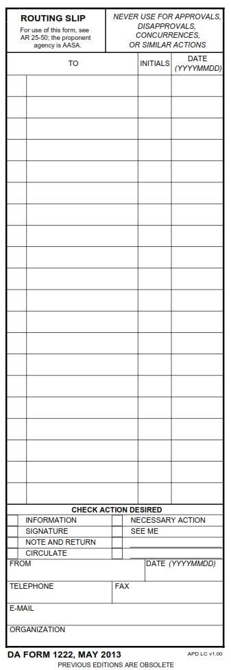 Da Form 1222 Routing Slip Army Pubs Da Form