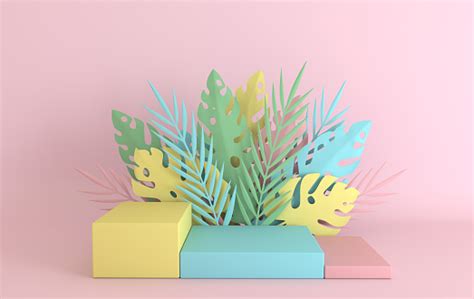 열대 종이 손바닥 몬스타 나뭇잎과 꽃 프레임 제품 프리젠 테이션을위한 연단 플랫폼 여름 열대 잎입니다 종이 접기 이국적인 정글