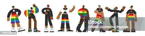 흑인 게이 사람들의 집합입니다 무지개 깃발 색상과 자부심 상징을 가진 아프리카계 미국인 Lgbt 남성 포용 다양성 평등 인식 개념 벡터 평면 그림 세트입니다 Lgbtqia