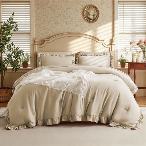 Mrandhm Queen Comforter Set Linen 7 Pieces Ruffle Bedding