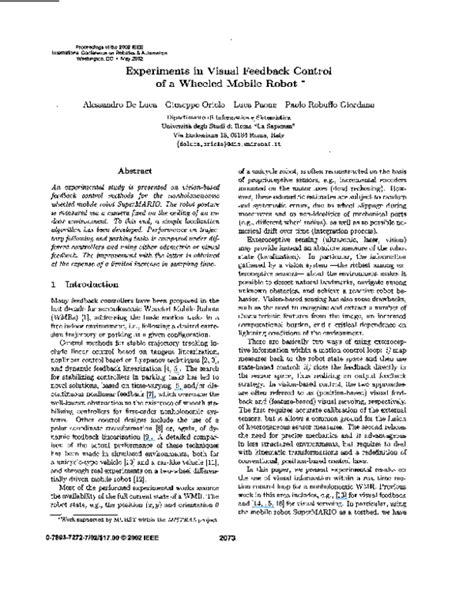 Pdf Experiments In Visual Feedback Control Of A Wheeled Mobile Robot