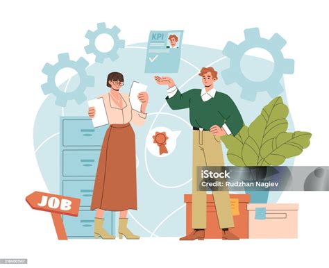 구직자가 있는 Hr 관리자 여자는 Mans Kpi를 평가합니다 헤드헌팅 및 모집 회사 또는 조직에 대한 고용 근로자가 있는 고용주 평면 벡터 일러스트 레이 션 객실 있음에