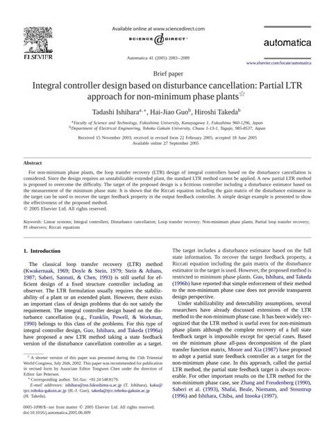 Pdf Integral Controller Design Based On Disturbance Cancellation