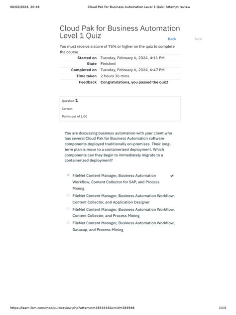 Cloud Pak For Business Automation Level 1 Quiz Attempt Review Pdf Return On Investment