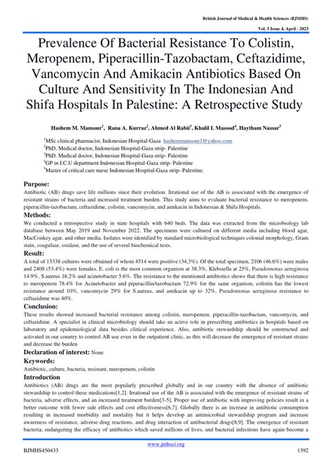 Pdf Prevalence Of Bacterial Resistance To Colistin Meropenem
