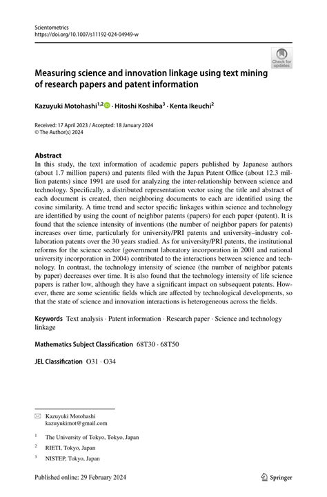 Pdf Measuring Science And Innovation Linkage Using Text Mining Of Research Papers And Patent