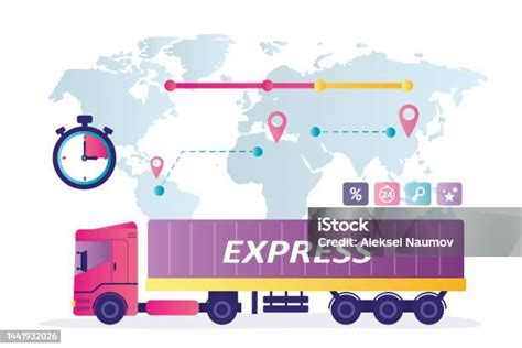 트럭화물 서비스 및화물 패키지가있는 세미 트럭 글로벌 운송 물류 도로로 물품 배달 전 세계적으로 무료 및 빠른 배송 콘테이너를 가진 긴 트럭 배달에 대한 스톡 벡터 아트 및
