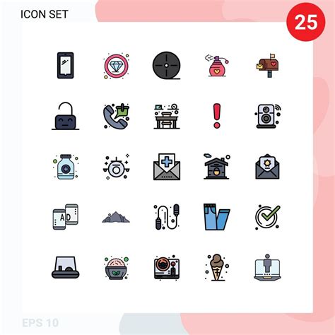 Editable Vector Line Pack Of 25 Simple Filled Line Flat Colors Of Mail T Diamond Love