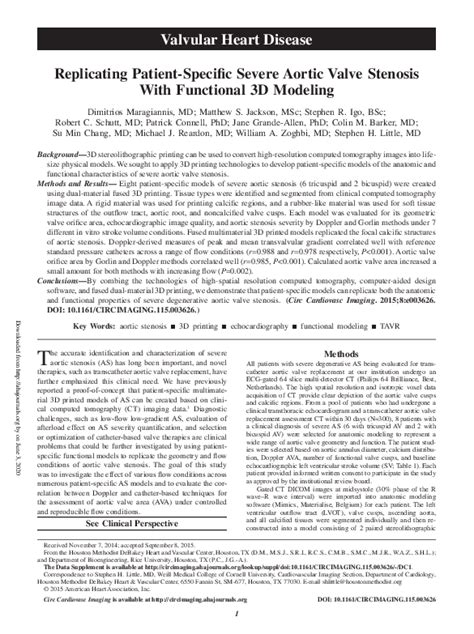Pdf Replicating Patient Specific Severe Aortic Valve Stenosis With Functional 3d Modeling