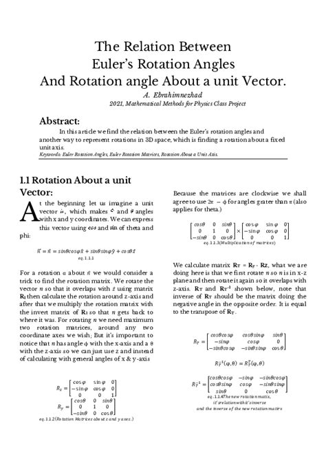 Pdf Relation Between Euler Rotation Angles And Rotation Angle About A Fixed Unit Vector