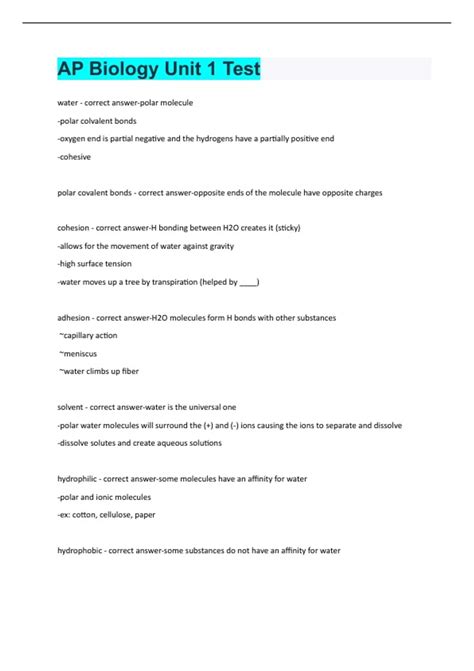 AP Biology Unit 1 Test Questions And Answers Latest Update AP Biology Stuvia US