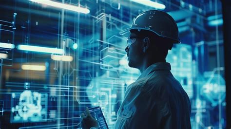 Engineer Analyzing Data On A Futuristic Interface Premium Ai Generated Image