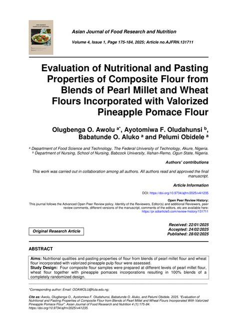 Pdf Evaluation Of Nutritional And Pasting Properties Of Composite Flour From Blends Of Pearl