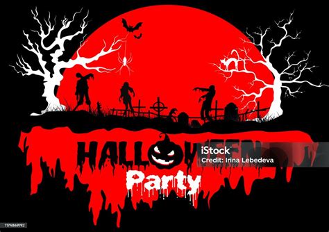 우울한 나무와 춤 좀비와 붉은 달 배경에 캡션 할로윈 파티 귀신에 대한 스톡 벡터 아트 및 기타 이미지 귀신 성 건축물 10월 Istock